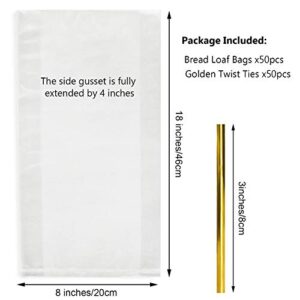 Bread Bags for Homemade Bread,18x4x8 Inches Clear Bread Loaf Bags with 50 Twist Ties,50 Pcs