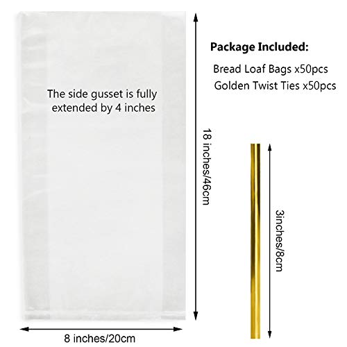 Bread Bags for Homemade Bread,18x4x8 Inches Clear Bread Loaf Bags with 50 Twist Ties,50 Pcs