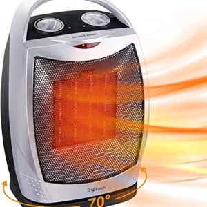 Brightown Portable Ceramic Space Heater 1500W/750W, 2 in 1 Oscillating Electric Room Heater with Tip Over and Overheat Protection, 200 Square Feet Fast Heating for Indoor Bedroom Office Desk Home (Silver)