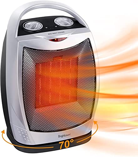 Brightown Portable Ceramic Space Heater 1500W/750W, 2 in 1 Oscillating Electric Room Heater with Tip Over and Overheat Protection, 200 Square Feet Fast Heating for Indoor Bedroom Office Desk Home (Silver)