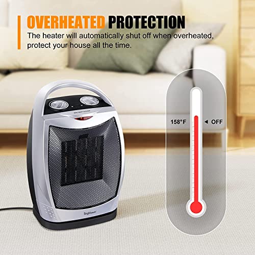 Brightown Portable Ceramic Space Heater 1500W/750W, 2 in 1 Oscillating Electric Room Heater with Tip Over and Overheat Protection, 200 Square Feet Fast Heating for Indoor Bedroom Office Desk Home (Silver)