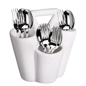 farmhouse decor 4 section ceramic silverware holder – flatware and cutlery caddy – kitchen table organizer (white)