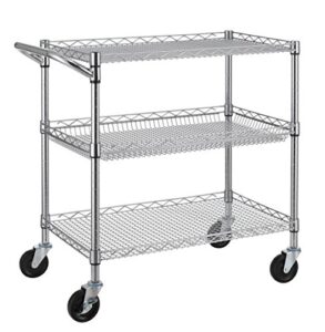 finnhomy 3 tier heavy duty commercial grade utility cart, wire rolling cart with handle bar, steel service cart with wheels, utility shelf plant display shelf food storage trolley, nsf listed