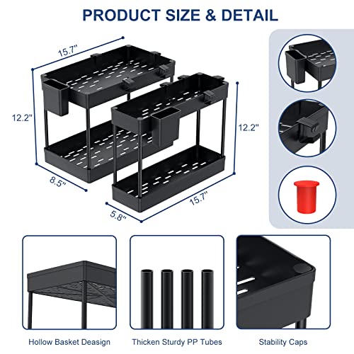 Under Sink Organizers and Storage 2 PCS, 2 Size Multi-Usage Storage Shelf with Hooks, 2 Tier Under Cabinet Basket Organizer for Kitchen Bathroom, Under the Sink Standing Stackable Rack for Bath