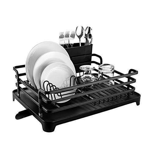 HBlife Aluminum Dish Drying Rack, Never Rust Small Dish Drying Rack with Utensil Holder, Removable Plastic Drainer Tray with Adjustable Swivel Spout, Home Essentials(Black)