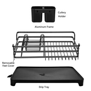 HBlife Aluminum Dish Drying Rack, Never Rust Small Dish Drying Rack with Utensil Holder, Removable Plastic Drainer Tray with Adjustable Swivel Spout, Home Essentials(Black)