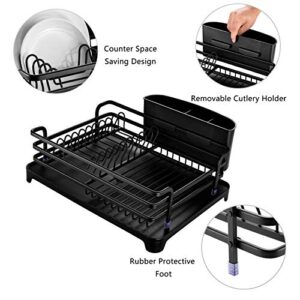 HBlife Aluminum Dish Drying Rack, Never Rust Small Dish Drying Rack with Utensil Holder, Removable Plastic Drainer Tray with Adjustable Swivel Spout, Home Essentials(Black)