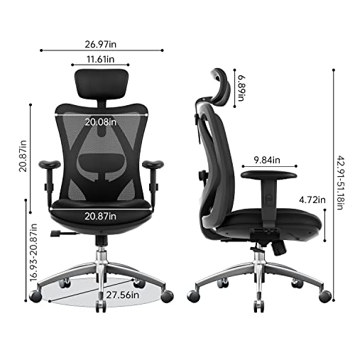 SIHOO Ergonomic Office Chair, Big and Tall Office Chair, Adjustable Headrest with 2D Armrest, Lumbar Support and PU Wheels, Swivel Computer Task Chair for Office, Tilt Function Computer Chair