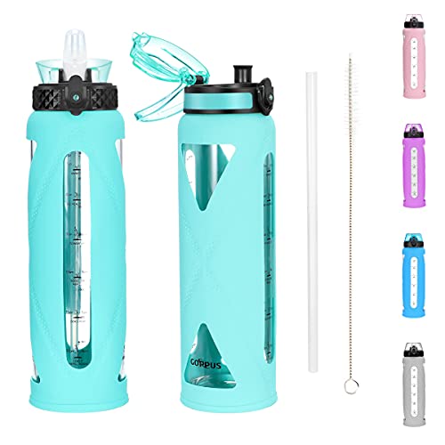 32oz Glass Water Bottles with Straw and Flip Lid, Motivational Water Bottles with Time Marker Reminder and Silicone Sleeve, Leakproof, BPA Free (Green Sleeve)