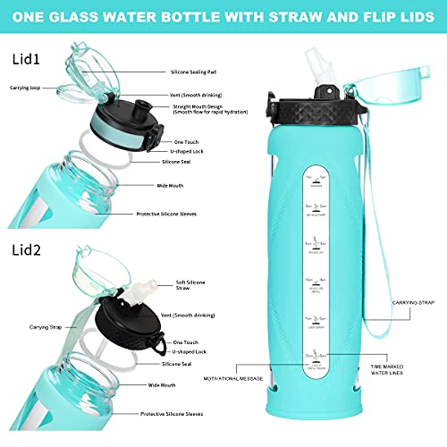 32oz Glass Water Bottles with Straw and Flip Lid, Motivational Water Bottles with Time Marker Reminder and Silicone Sleeve, Leakproof, BPA Free (Green Sleeve)