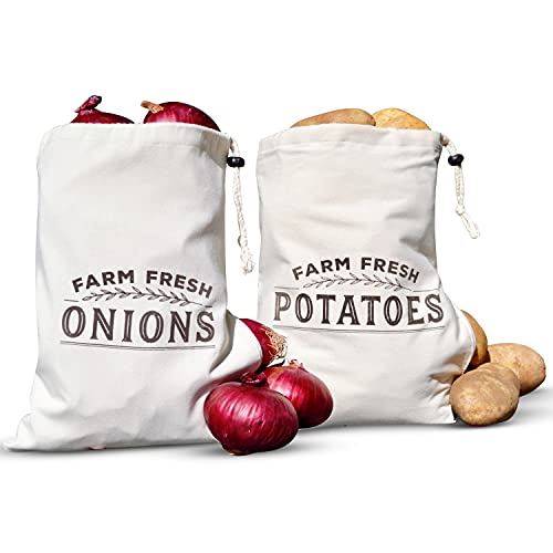 Resilient Roots Potato Storage for Pantry I Potato and Onion Storage Bags with Side Zipper I Set of 2 - 16” x 12” - Cotton Farmhouse Kitchen Onion Bag with Blackout Liner