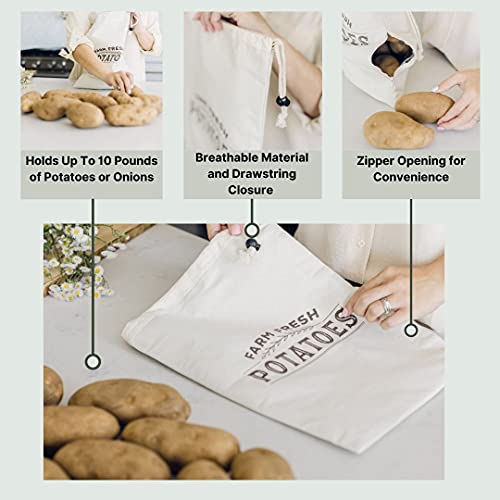 Resilient Roots Potato Storage for Pantry I Potato and Onion Storage Bags with Side Zipper I Set of 2 - 16” x 12” - Cotton Farmhouse Kitchen Onion Bag with Blackout Liner