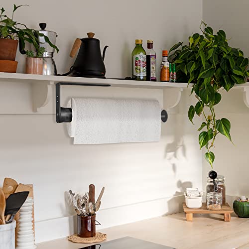 Paper Towel Holder Under Cabinet: Single Hand Operable Wall Mount Paper Towel Roll Holder with Damping Effect | Self-Adhesive or Screw for Kitchen | Bathroom (Black)