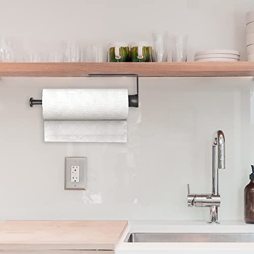 Paper Towel Holder Under Cabinet: Single Hand Operable Wall Mount Paper Towel Roll Holder with Damping Effect | Self-Adhesive or Screw for Kitchen | Bathroom (Black)