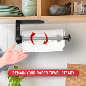 Paper Towel Holder Under Cabinet: Single Hand Operable Wall Mount Paper Towel Roll Holder with Damping Effect | Self-Adhesive or Screw for Kitchen | Bathroom (Black)