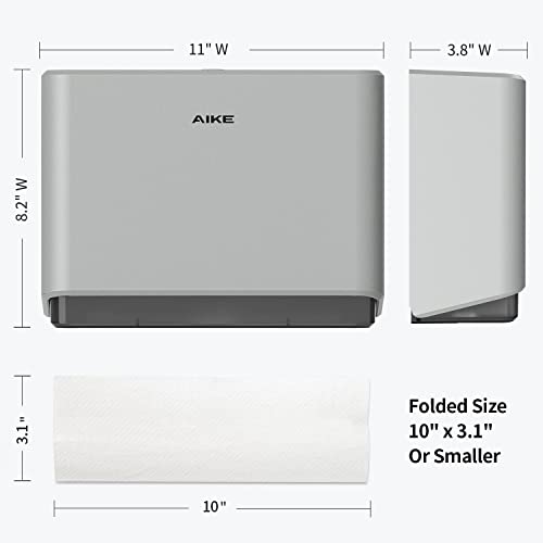 AIKE Multifold Paper Towel Dispenser, Wall Mount Tissue Dispenser with Smart Lock, 200 Sheets Silver, Folded Size 10" x 3.1" Or Smaller