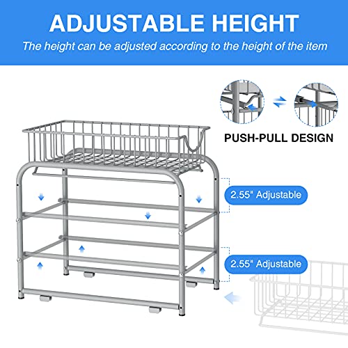 AIYAKA under sink storage 2 Tier Stackable Sliding Basket Organizer Drawer For Kitchen And Bathroom/Cabinet Drawers,silver