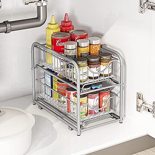 AIYAKA under sink storage 2 Tier Stackable Sliding Basket Organizer Drawer For Kitchen And Bathroom/Cabinet Drawers,silver