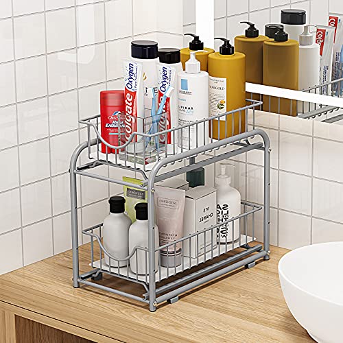 AIYAKA under sink storage 2 Tier Stackable Sliding Basket Organizer Drawer For Kitchen And Bathroom/Cabinet Drawers,silver