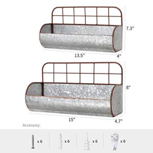 Dahey Farmhouse Galvanized Wall Basket Decor Bathroom Storage Bin Organizer Rustic Metal Wall Planter Wire Back Hanging Shelves for Bedroom Living Room Kitchen Apartment Entryway Laundry, Set of 2