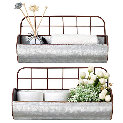 Dahey Farmhouse Galvanized Wall Basket Decor Bathroom Storage Bin Organizer Rustic Metal Wall Planter Wire Back Hanging Shelves for Bedroom Living Room Kitchen Apartment Entryway Laundry, Set of 2