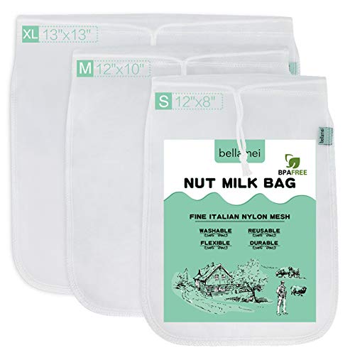 Bellamei Nut Milk Bag Reusable 3 Pack Food Strainer Nut Bags For Almond/Soy Milk Greek Yogurt Professional for Cold Brew Coffee Tea Beer Juice Fine Italian Nylon Mesh (3 pack-8"x12"/10"x12"/13"x13")