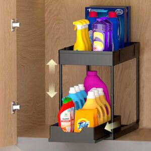 yannimart height adjustable under sink organizers and storage for bathroom and kitchen cabinet 2 tier under sink organizer with one sliding as home kitchen organization and kitchen must haves