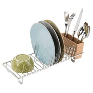 mDesign Compact Modern Kitchen Countertop, Sink Dish Drying Rack, Removable Cutlery Tray - Drain and Dry Wine Glasses, Bowls and Dishes - Metal Wire Drainer in Satin with Natural Bamboo Caddy