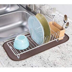 mDesign Compact Modern Kitchen Countertop, Sink Dish Drying Rack, Removable Cutlery Tray - Drain and Dry Wine Glasses, Bowls and Dishes - Metal Wire Drainer in Satin with Natural Bamboo Caddy