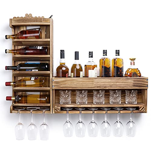 Homde Wine Rack Wall Mounted Wood,Wine Shelf with Bottle Stemware Glass Holder Rustic, Wine Display Storage Rack with Cork Holder for Home Bar Kitchen Decor