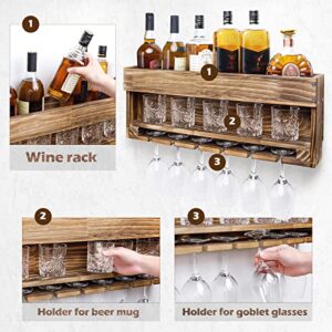 Homde Wine Rack Wall Mounted Wood,Wine Shelf with Bottle Stemware Glass Holder Rustic, Wine Display Storage Rack with Cork Holder for Home Bar Kitchen Decor