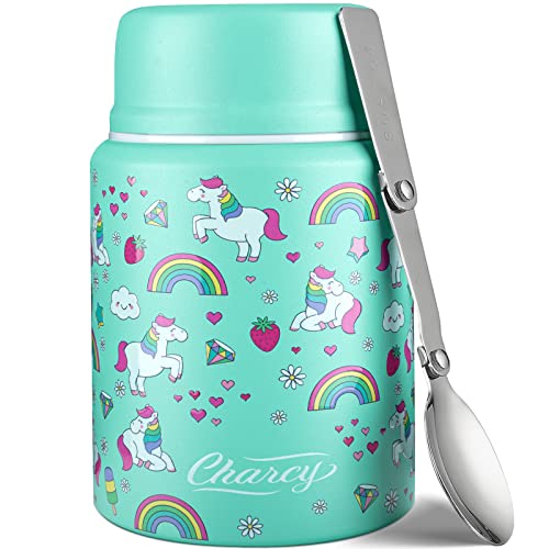 Charcy 17 Ounce Kids Thermos for Hot Food - Soup Thermos with Folding Spoon - Insulated Food Jar for Hot & Cold Food - Green Horse