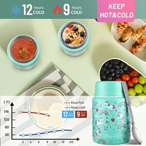 Charcy 17 Ounce Kids Thermos for Hot Food - Soup Thermos with Folding Spoon - Insulated Food Jar for Hot & Cold Food - Green Horse