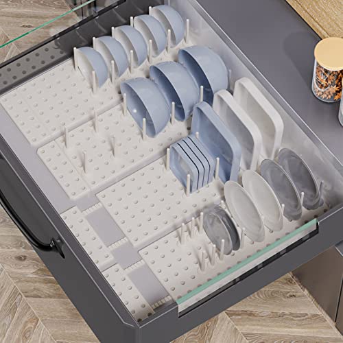 DANCELF Kitchen Cupboard Organization Drawer Organizer, Pegboard Tray for Dish Rack, Kitchen Organizer Plate Holder for Cabinets, Scalable Adjustment, 2Pcs, White