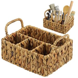 wicker flatware storage basket utensil caddy hand woven divided cutlery holder kitchen utensil organizer water hyacinth silverware organizer with handle for countertop party, 10 x 7.9 x 3.9 inch