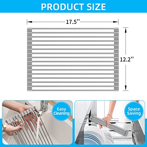 VMVN Dish Drying Rack,Over The Sink Dish Drying Rack,Dish Racks for Kitchen Counter,Roll Up Sink Drying Rack,17.5"x12.2"Stainless Steel Dish Drainers,Kitchen Sink Accessories