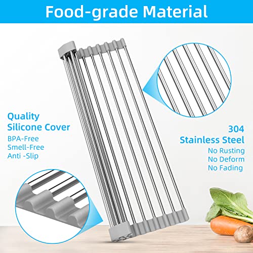 VMVN Dish Drying Rack,Over The Sink Dish Drying Rack,Dish Racks for Kitchen Counter,Roll Up Sink Drying Rack,17.5"x12.2"Stainless Steel Dish Drainers,Kitchen Sink Accessories