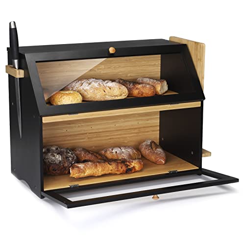 HOMEKOKO Double Oversized Bread Box, Two-layer Extra Large Bread Box for Kitchen Counter, Wooden Large Capacity Bread Storage Bin with Cutting Board (Black)