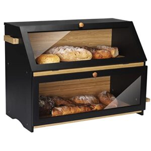 homekoko double oversized bread box, two-layer extra large bread box for kitchen counter, wooden large capacity bread storage bin with cutting board (black)