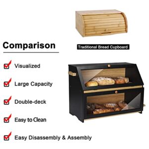 HOMEKOKO Double Oversized Bread Box, Two-layer Extra Large Bread Box for Kitchen Counter, Wooden Large Capacity Bread Storage Bin with Cutting Board (Black)