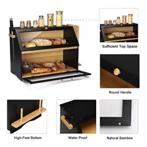 HOMEKOKO Double Oversized Bread Box, Two-layer Extra Large Bread Box for Kitchen Counter, Wooden Large Capacity Bread Storage Bin with Cutting Board (Black)