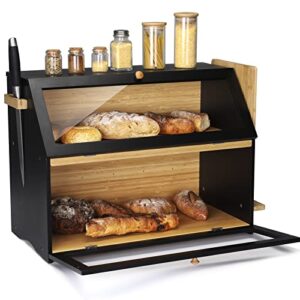 HOMEKOKO Double Oversized Bread Box, Two-layer Extra Large Bread Box for Kitchen Counter, Wooden Large Capacity Bread Storage Bin with Cutting Board (Black)