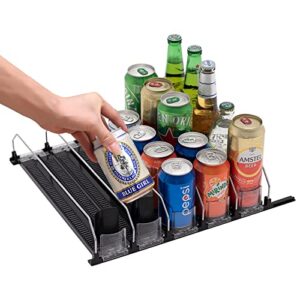 drink organizer for fridge, 5 rows large capacity pop cans beer bottle spring push rod wheel design slide rail organizer stacking cans dispensers for fridge and kitchen