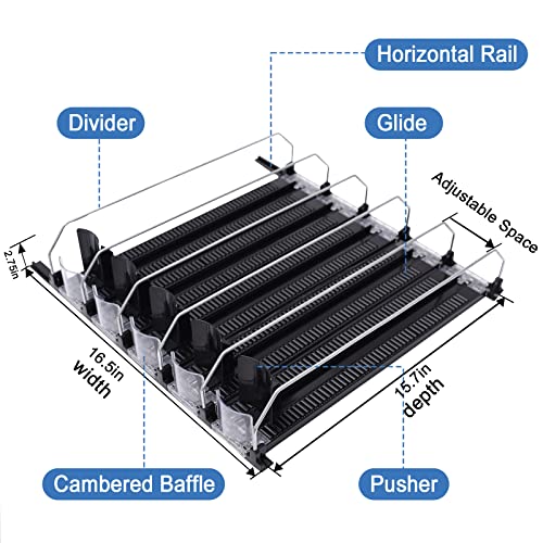 Drink Organizer for Fridge, 5 Rows Large Capacity Pop Cans Beer Bottle Spring Push Rod Wheel Design Slide Rail Organizer Stacking Cans Dispensers for Fridge and Kitchen