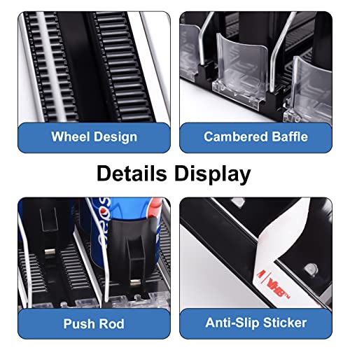 Drink Organizer for Fridge, 5 Rows Large Capacity Pop Cans Beer Bottle Spring Push Rod Wheel Design Slide Rail Organizer Stacking Cans Dispensers for Fridge and Kitchen