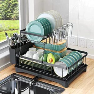 xdsirone dish drying rack, dish rack for kitchen counter, 2-tier dish drainer with glass holder and utensil holder, stainless steel dish drying rack with drainboard. (black)