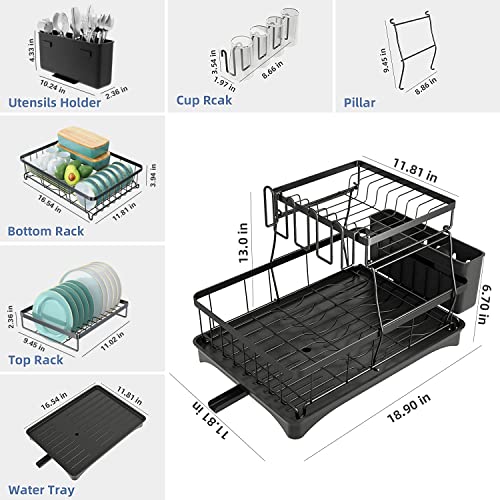 Xdsirone Dish Drying Rack, Dish Rack for Kitchen Counter, 2-Tier Dish Drainer with Glass Holder and Utensil Holder, Stainless Steel Dish Drying Rack with Drainboard. (Black)