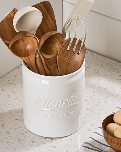 Getstar Utensil Holder for Kitchen Counter (7.2” x 6.2”) , Large Kitchen Utensil Holder with Protective & Non-Slip Cork Mat, Ceramic Cooking Utensil Holder (White)