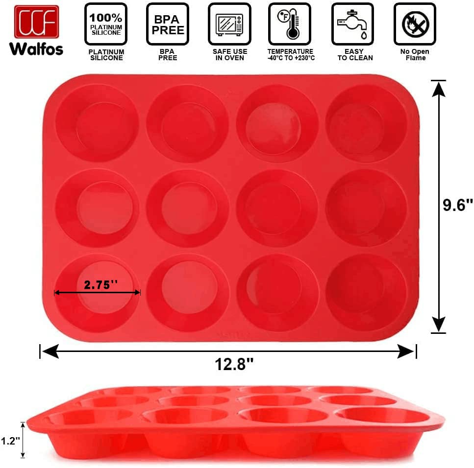 Walfos Silicone Muffin Pan Set - 12 Cups Regular Silicone Cupcake Pan, Non-stick and BPA Free, Great for Making Muffin Cakes, Tart, Fat Bombs - Dishwasher Safe, 2-Piece