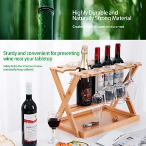 Ollieroo Countertop Wine Rack with Glass Holder, Freestanding Tabletop Small Wine Rack with Cork Tray, Hold 5 Wine Bottles 10 Glasses, Bamboo Wobble-Free Bottle Holder for Kitchen Bar Counter Cabinets